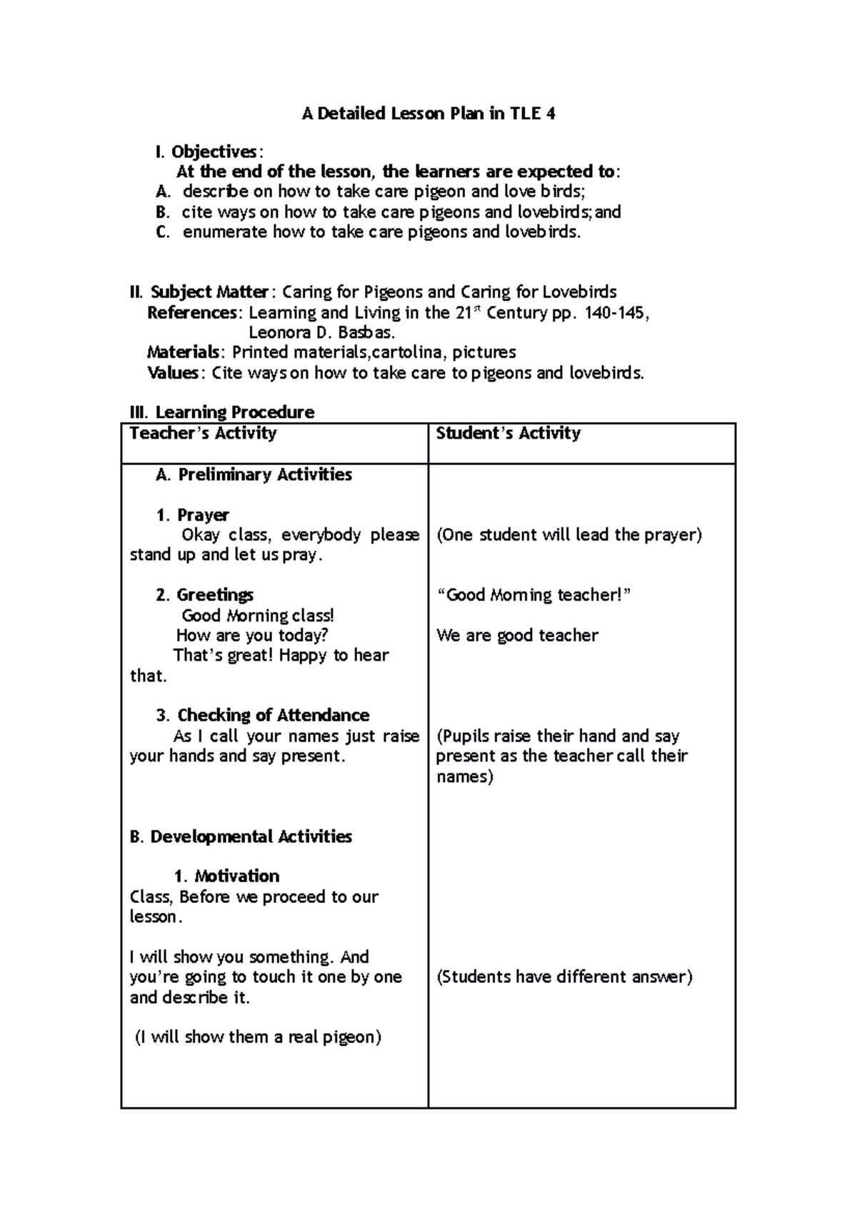 Detailed Lesson Plan on Caring for Pigeons & Lovebirds (TLE 4) - Studocu