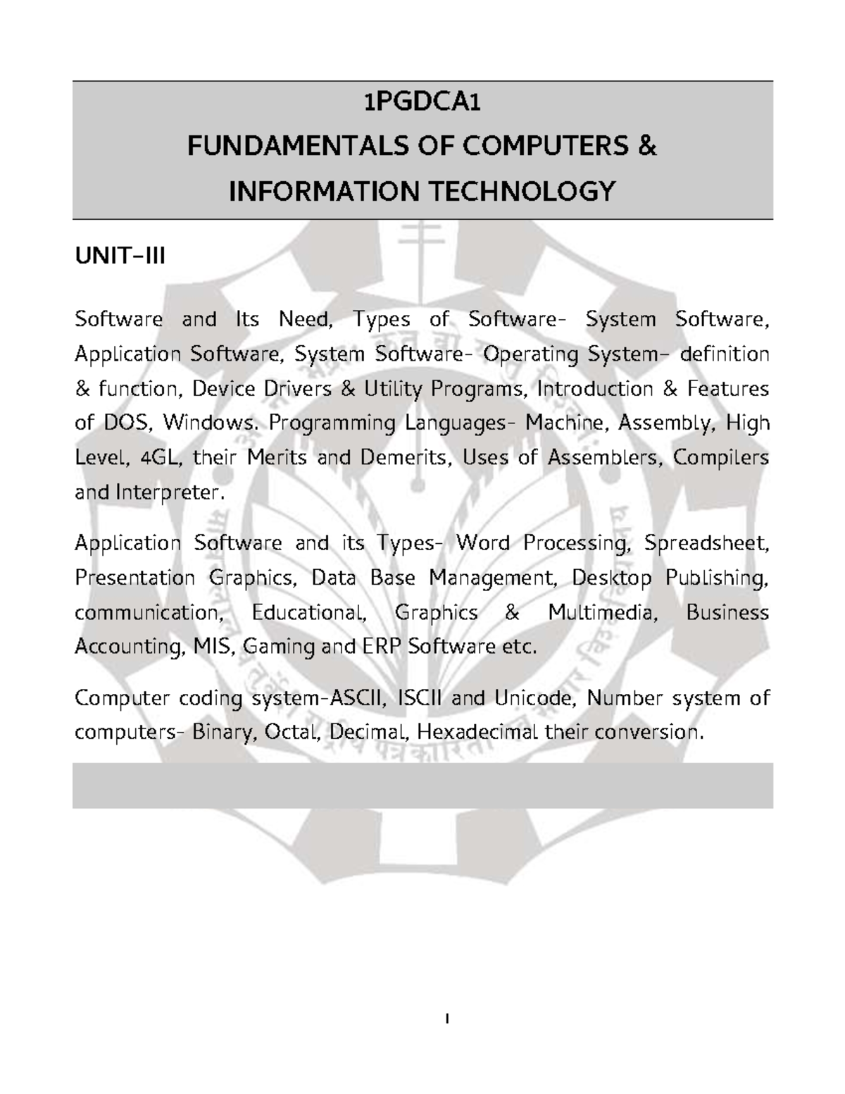 1PGDCA1 Fundamentals of Computers & Information Technology - Unit III ...