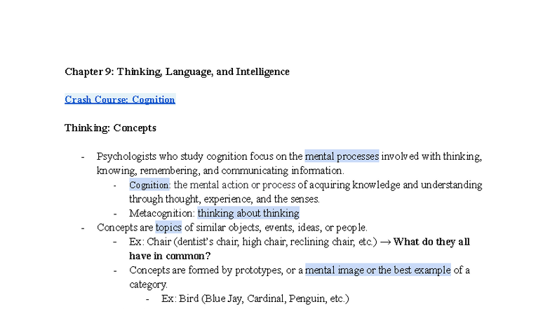 Ch 9: Cognition, Language, and Intelligence Guided Notes - Studocu