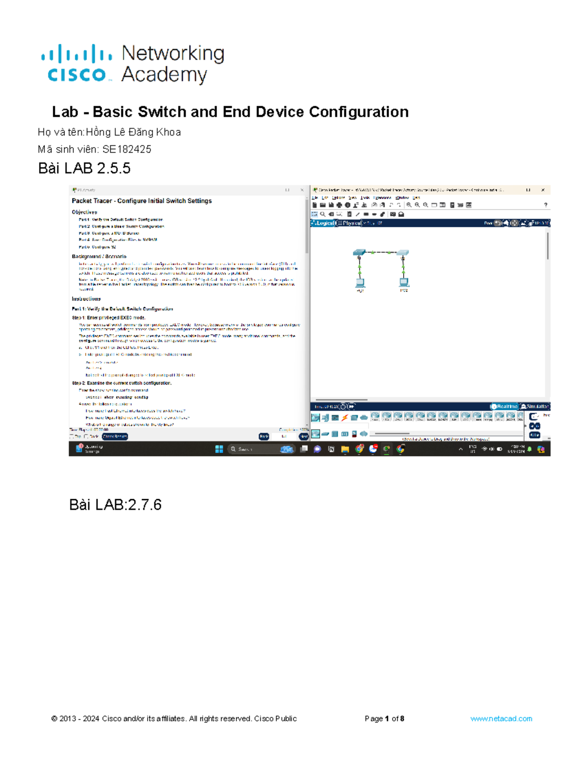 2.9.2 Lab - Basic Switch and End Device Configuration - Họ và tên:Hồng Lê Đăng Khoa Mã sinh viên ...