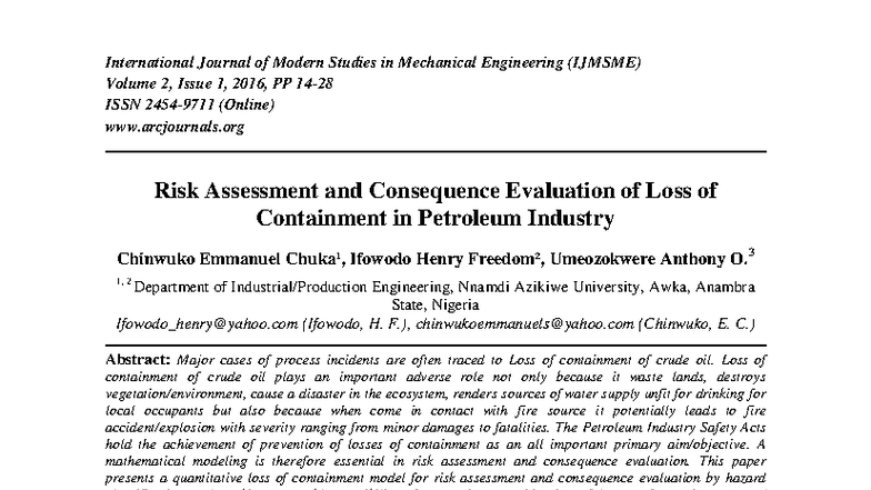 Risk Assessment and Consequence Evaluation of Loss of Containment in ...