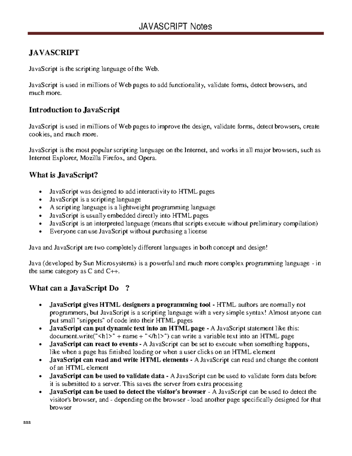 JAVASCRIPT Notes: Understanding JavaScript Basics and Functions - Studocu
