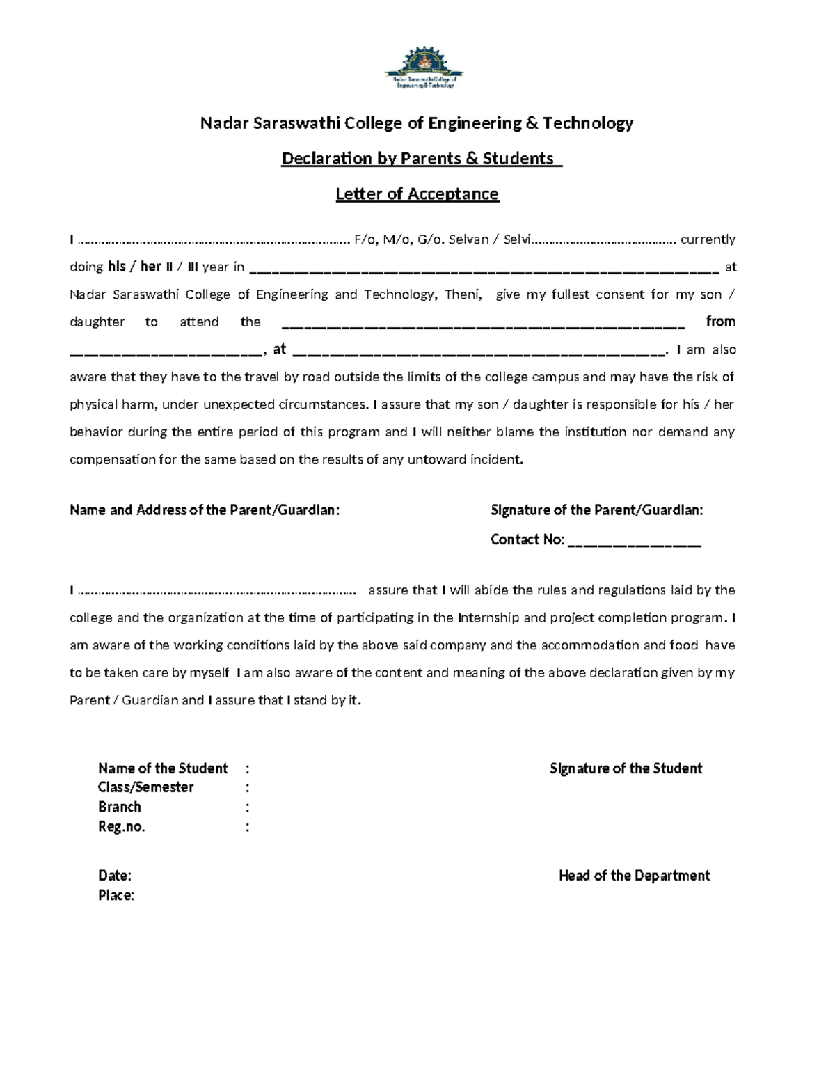 Internship II Year Undertaking Form - Nadar Saraswathi College 2026 ...