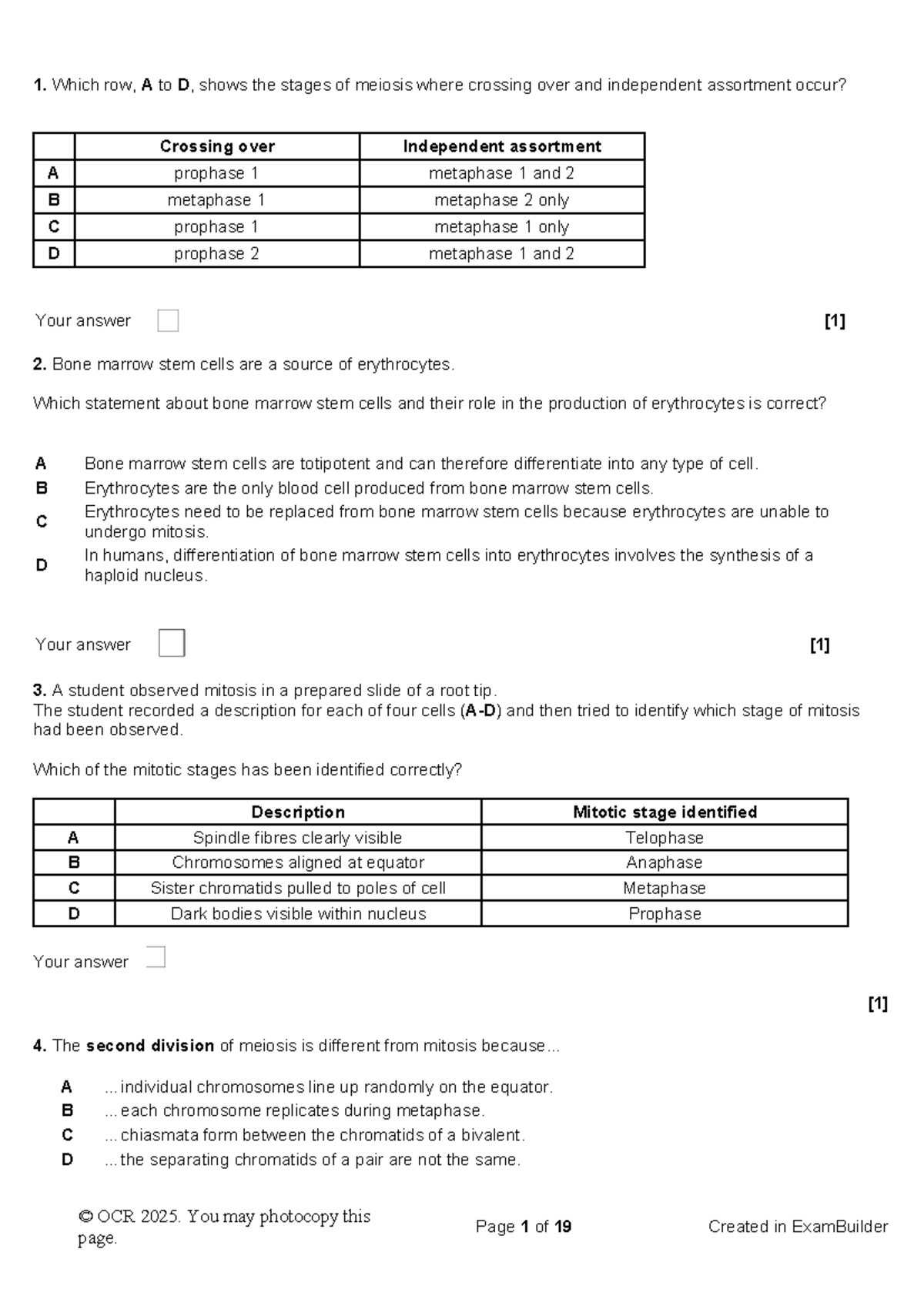 Cell Division - Diversity Revision Questions (OCR 2025) - Studocu