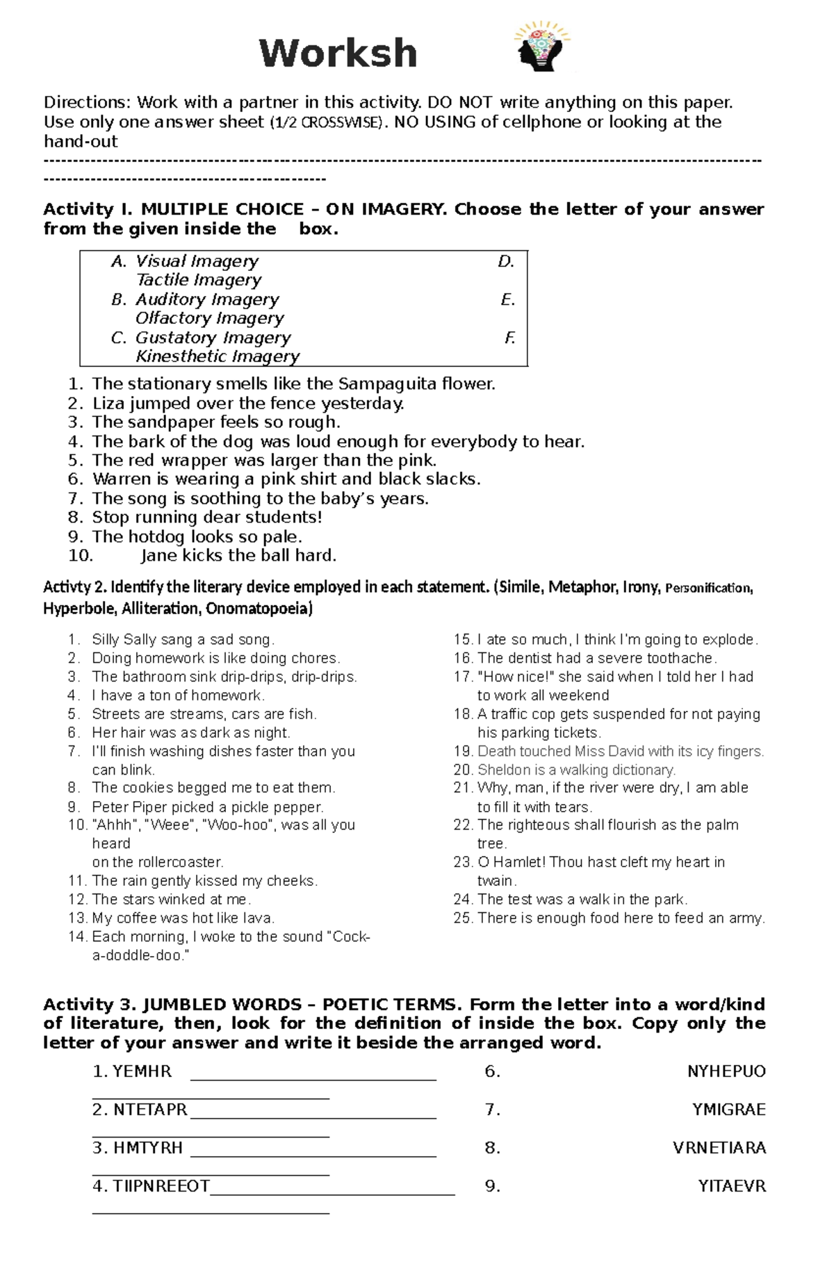 WS1 Poetry: Imagery, Literary Devices, and Poetic Terms Activities ...