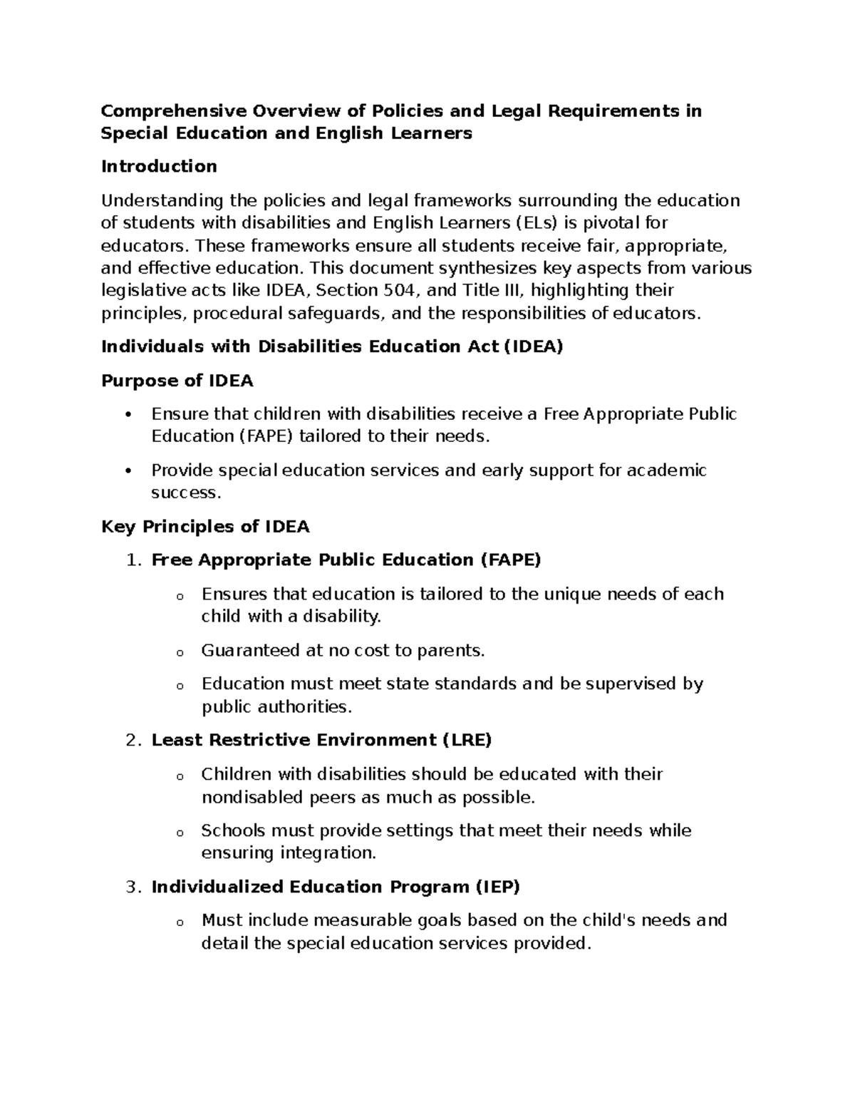 Comprehensive Overview of Policies and Legal Requirements in Special ...