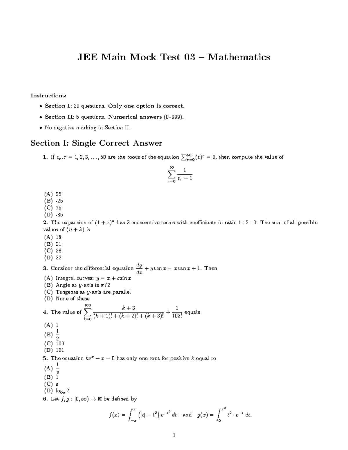 JEE Main Mock Test 03 - Mathematics Practice Questions - Studocu