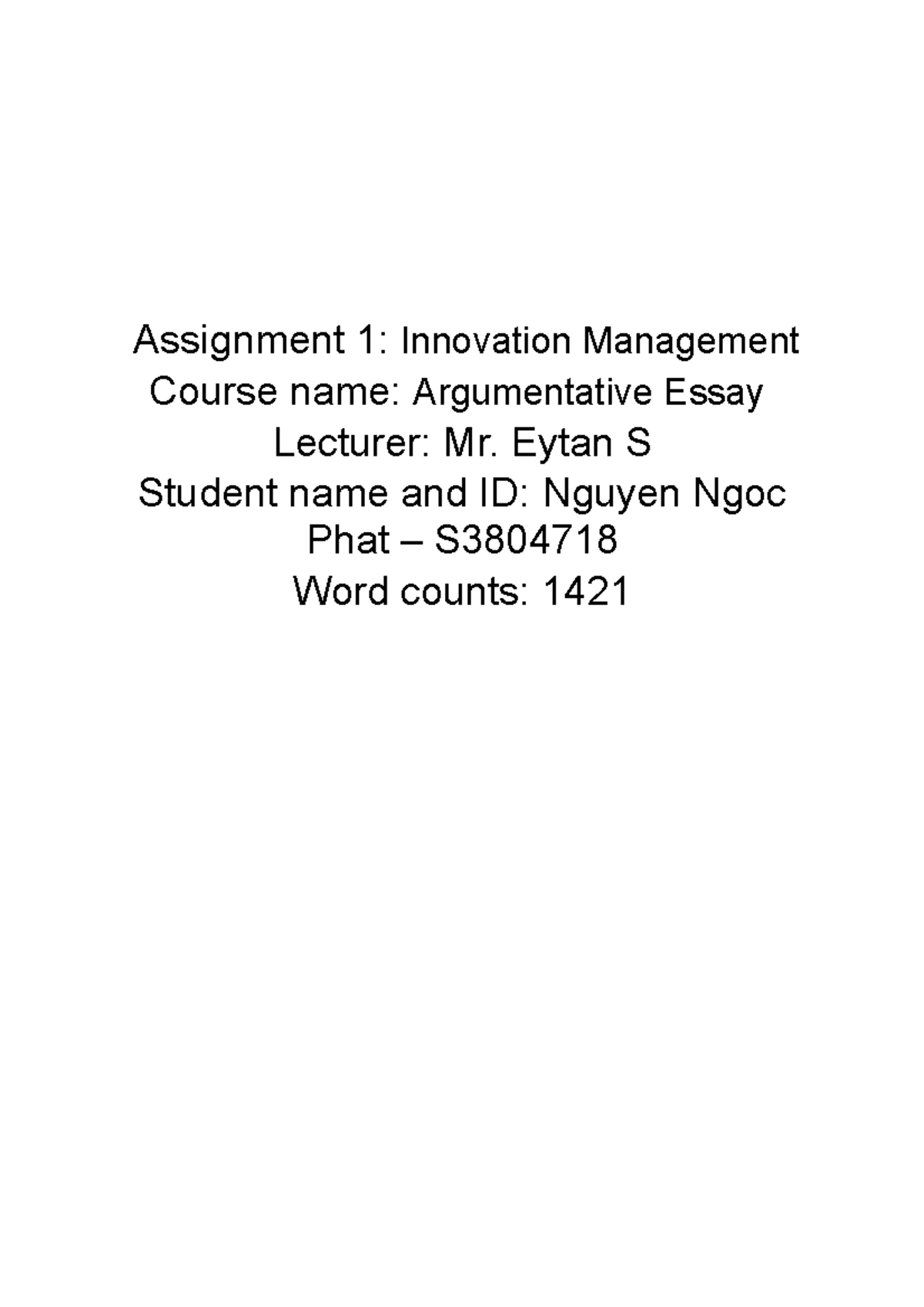 Assignment 1 Innovation Management - Assignment 1: Innovation ...