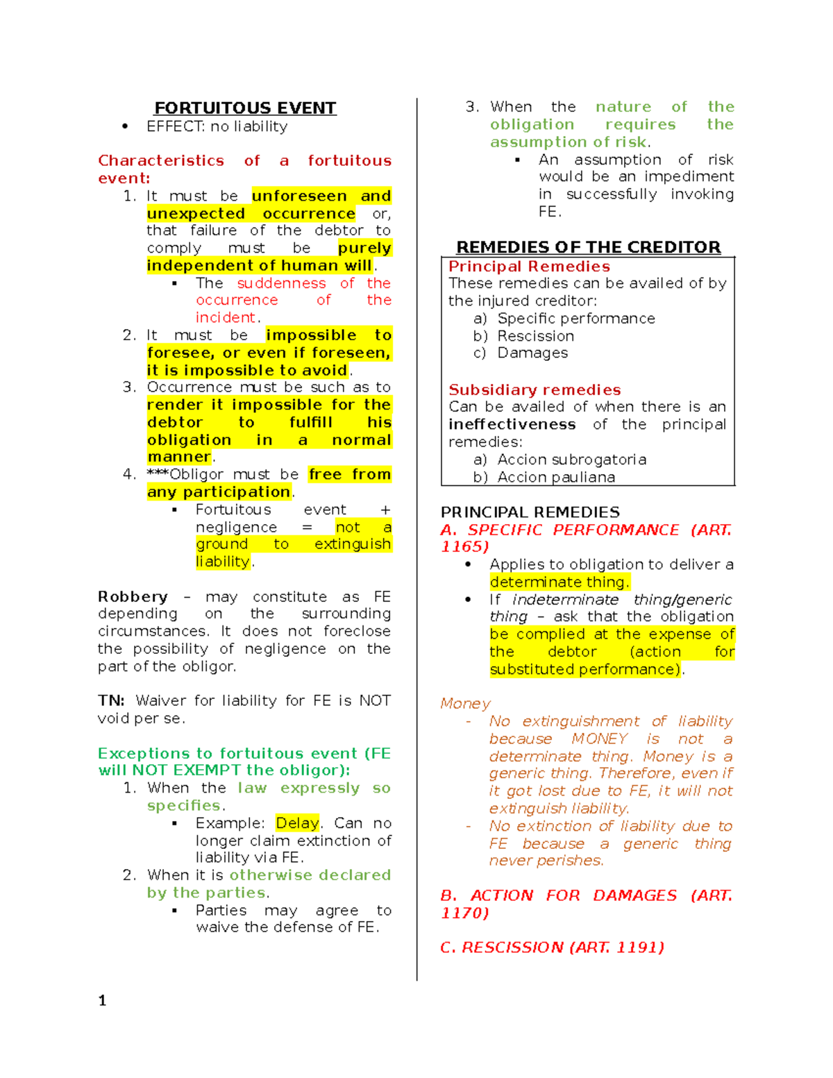 Civil Law Review 2: Fortuitous Events & Liability Analysis - Studocu