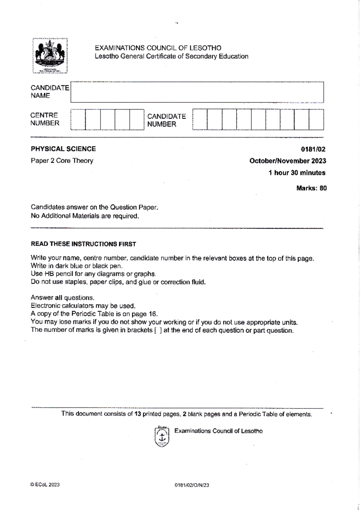 P2 - Physical Science Exam Papers (Core Theory) 2023 - Studocu