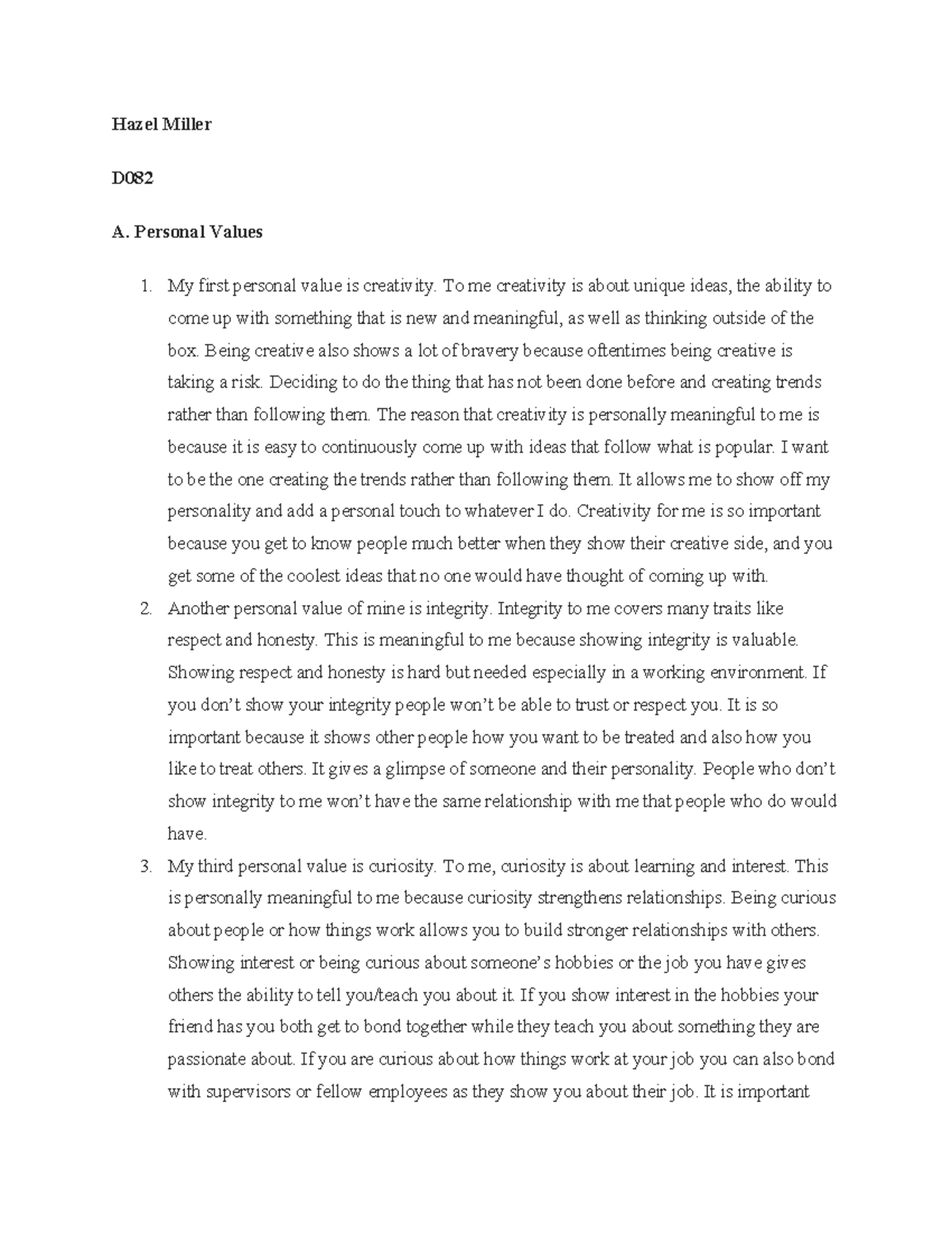 D082 Task 2: Personal Values and Corporate Alignment Analysis - Studocu