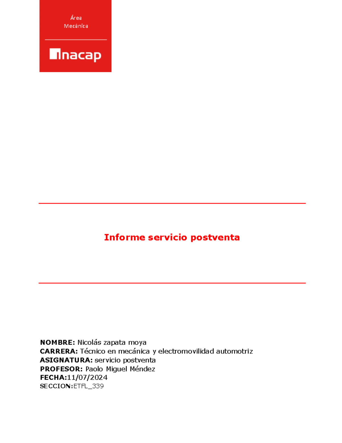 Informe de Servicio Postventa - Técnico en Mecánica ETFL_ - Studocu