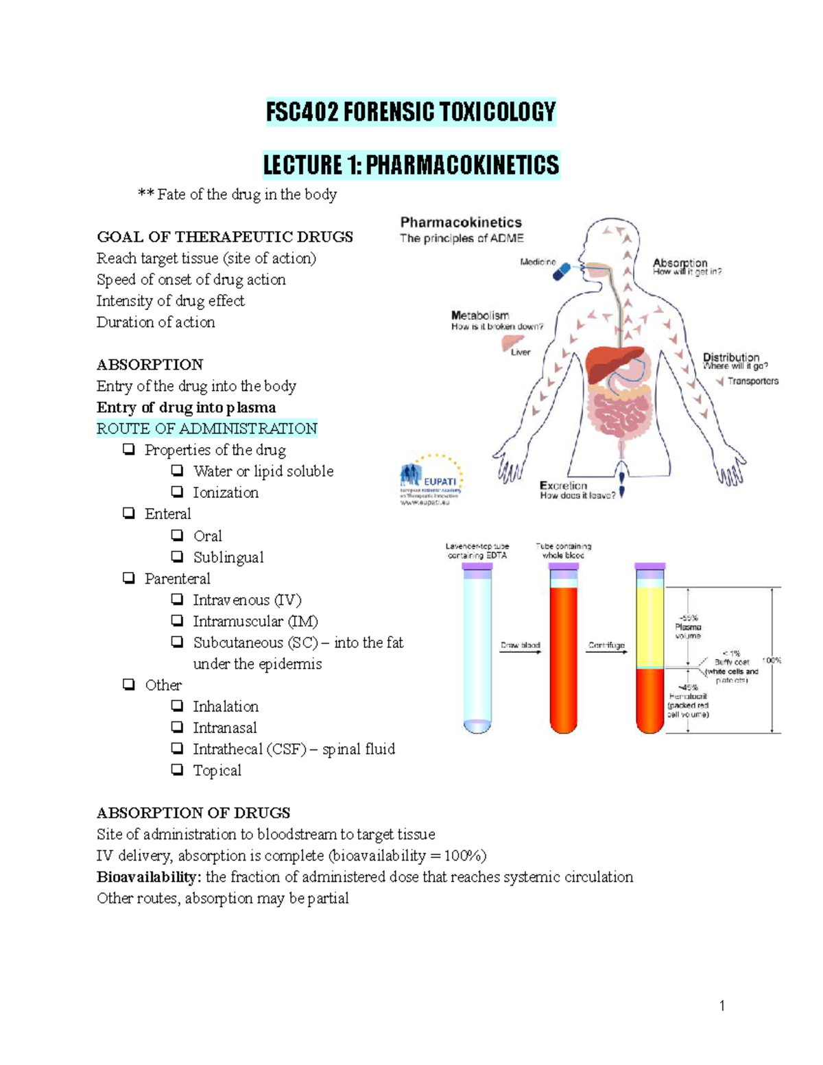 FSC402 FORENSIC TOXICOLOGY LECTURE 1: PHARMACOKINETICS & DRUG ACTION ...