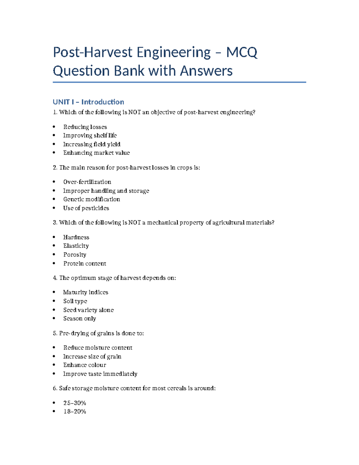 Post Harvest Engineering MCQs - Question Bank UNIT I to V - Studocu