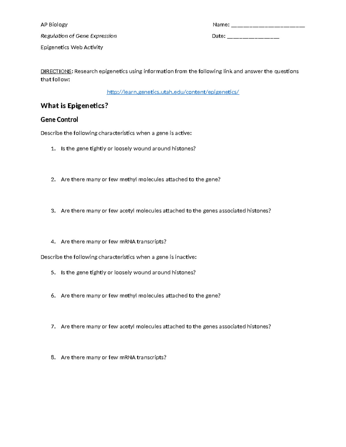 Epigenetics Web Worksheet - AP Biology Name ...