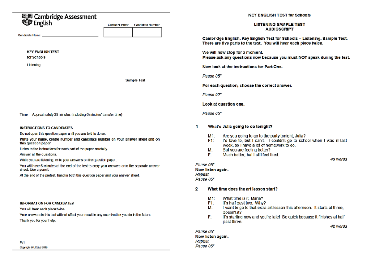 ENG 8 G3 Key English Test for Schools Listening Sample Audioscript ...
