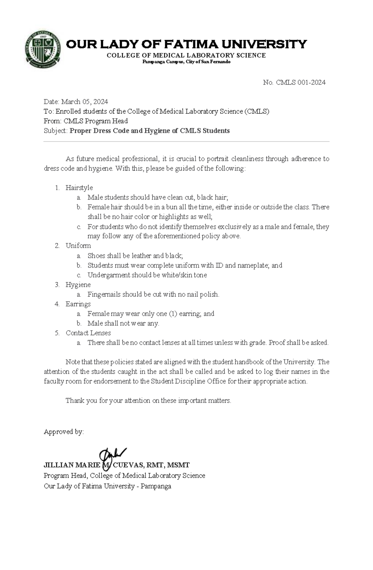 CMLS Memo: Dress Code & Hygiene Guidelines for 2024 - Studocu