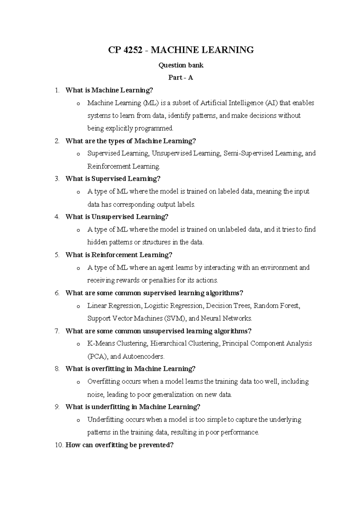 CP 4252 MACHINE LEARNING Question Bank: Key Concepts & Algorithms - Studocu