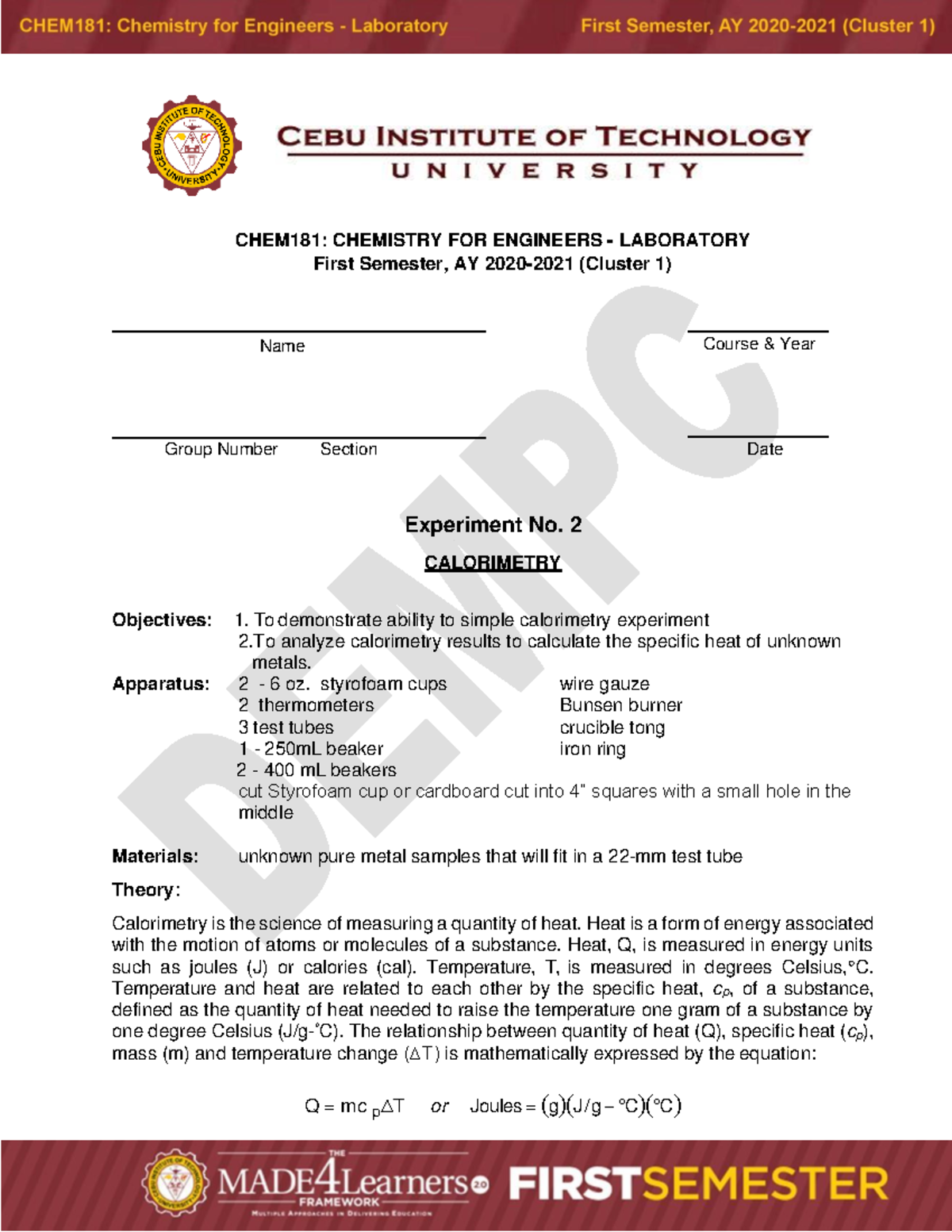 CHEM 181.Experiment 2 v2 - CHEM181: CHEMISTRY FOR ENGINEERS ...