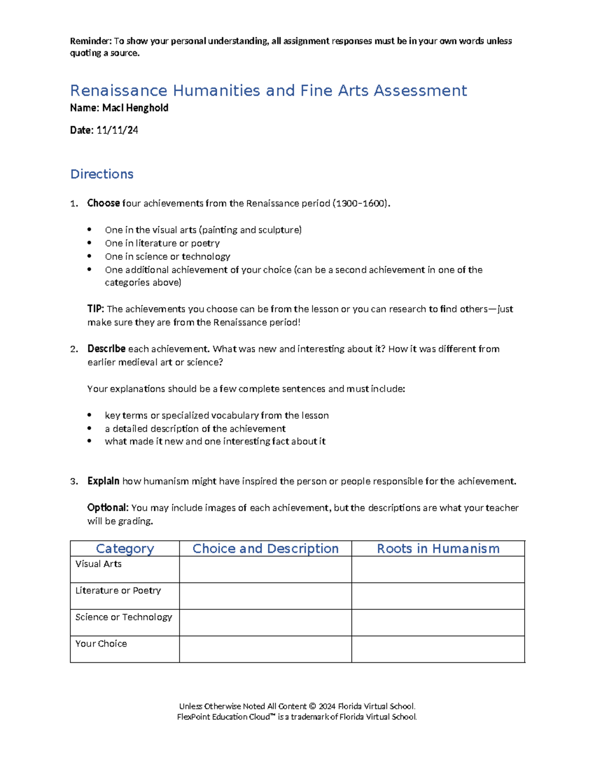Renaissance Humanities & Fine Arts Assessment (1300-1600) - Studocu