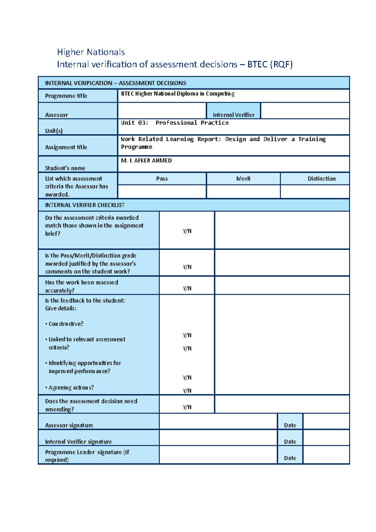 BTEC (RQF) HND Computing: Unit 03 Professional Practice Report - Studocu
