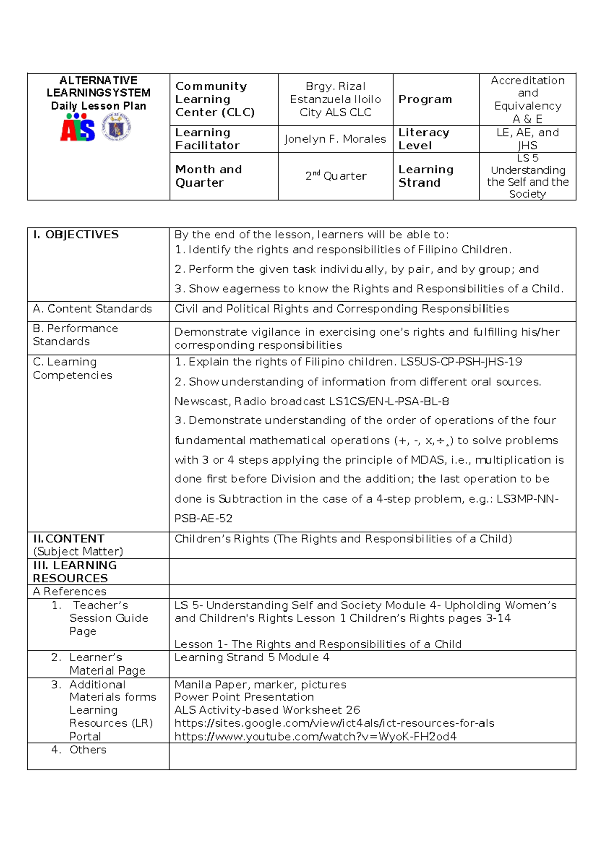 COT 2 - Daily Lesson Plan on Children's Rights and Responsibilities ...
