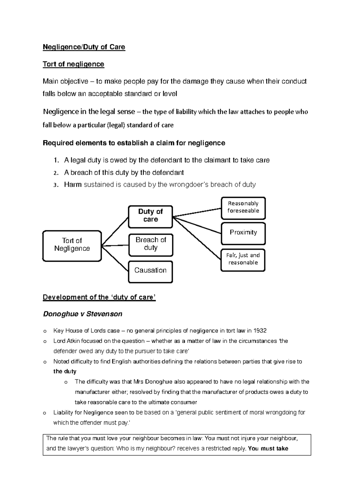 Tort Law - Negligence Duty of Care Summary Notes for Exam - Studocu