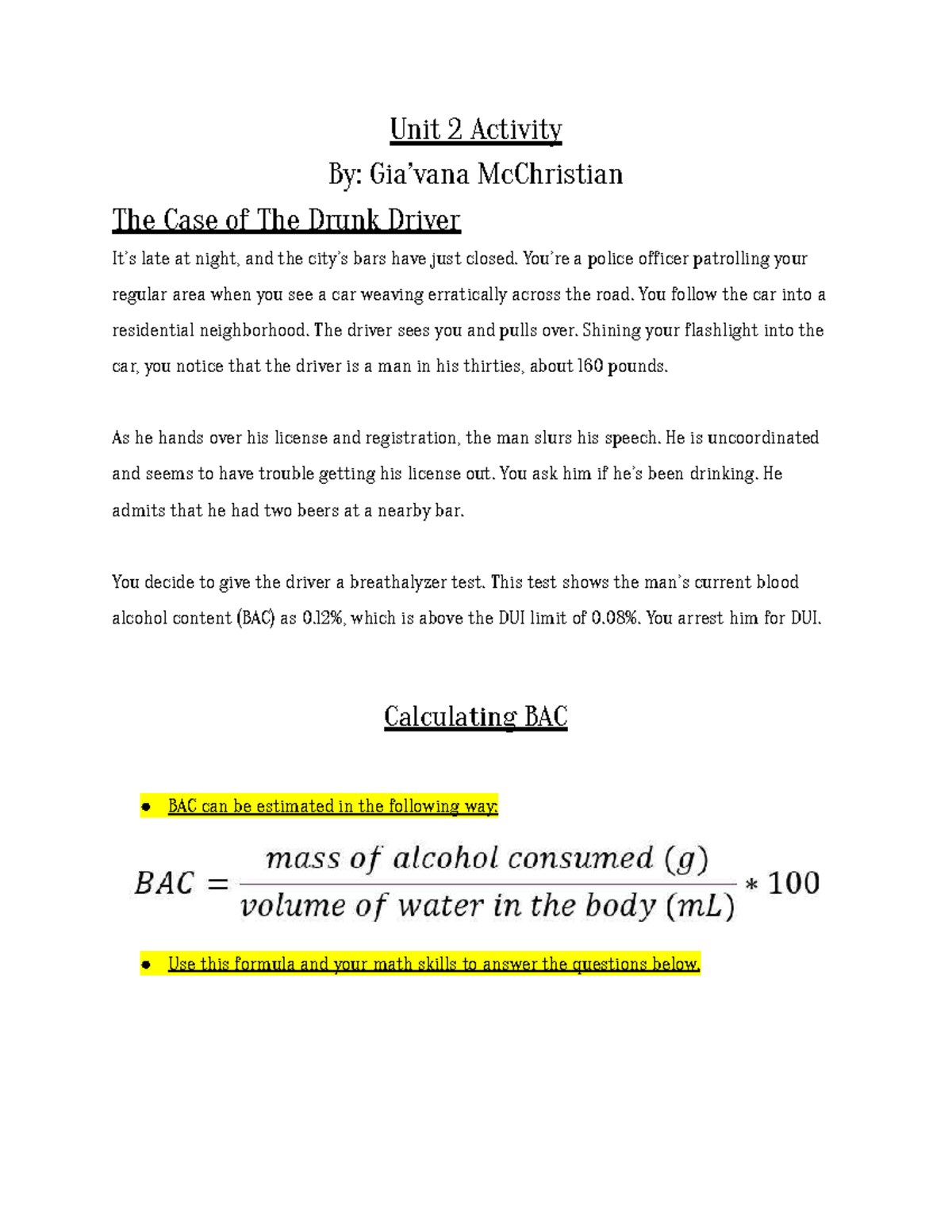 Unit 2 Activity - Forensic Work: Case Study of a DUI Incident - Studocu