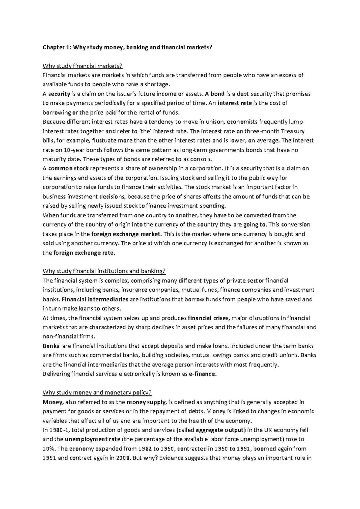 Detailed Summary: Economics of Money, Banking & Financial Markets ...