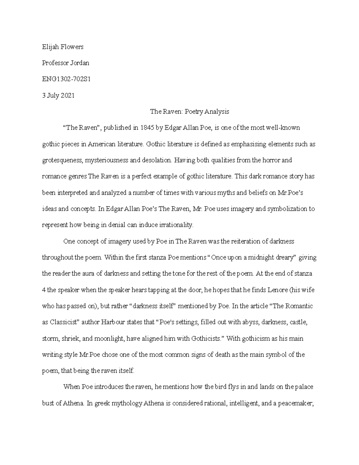 ENG1302-702S The Raven Poetry Analysis: Themes of Darkness and Death ...