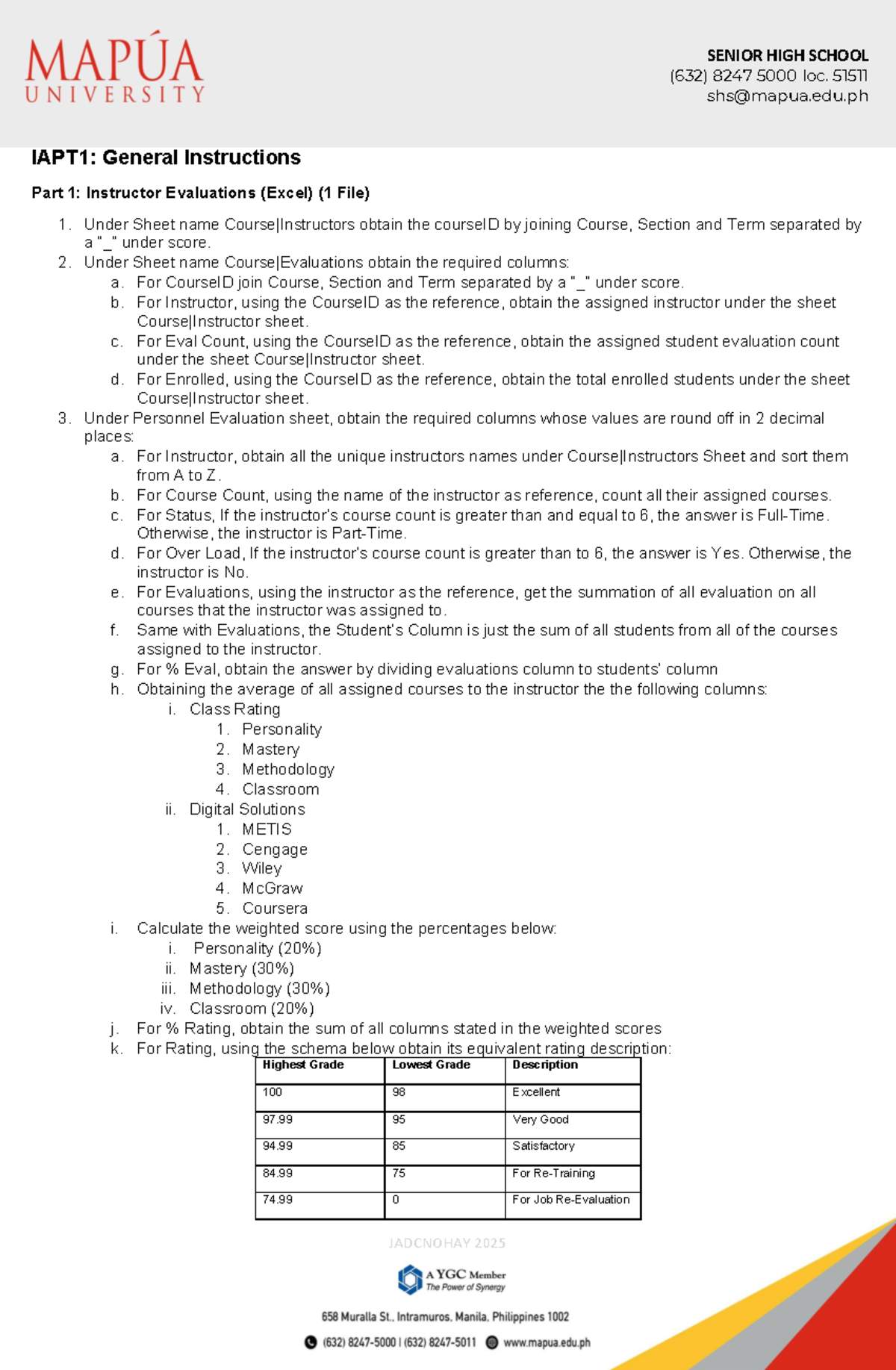 Intervention Activity PT1: General Instructions for Evaluations - Studocu