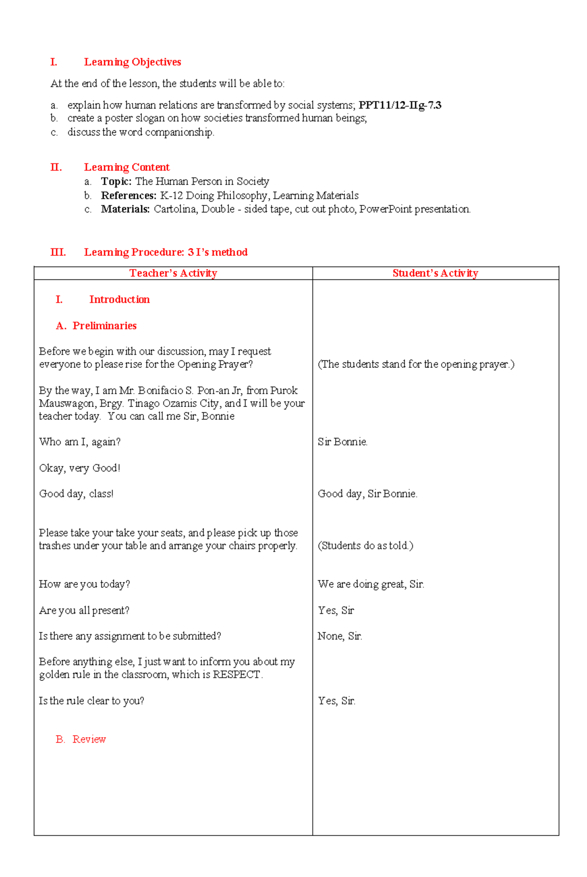 Lesson Plan: The Human Person in Society (Course Code: HPS 101) - Studocu