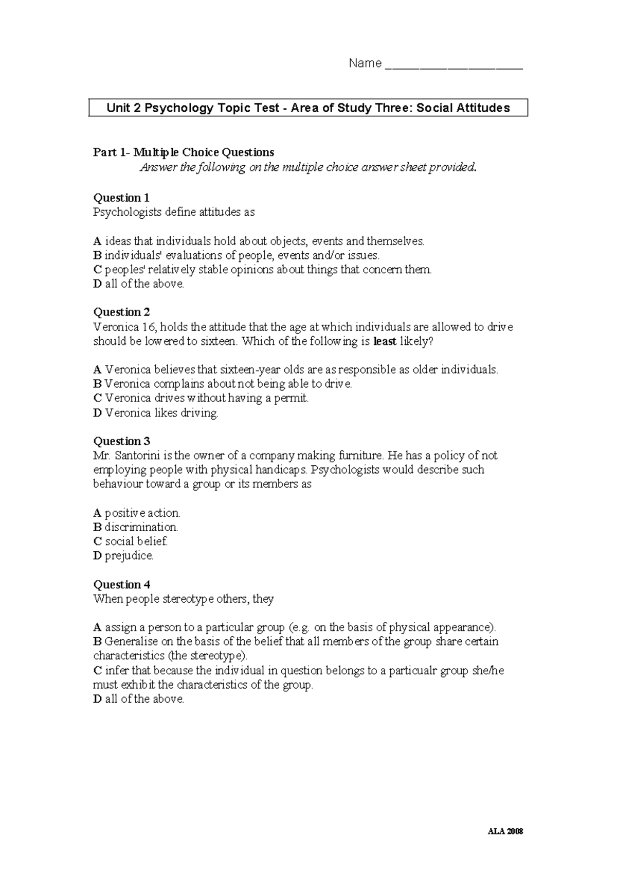AOS 3 Psychology Unit 2 Social Attitudes Topic Test - Studocu