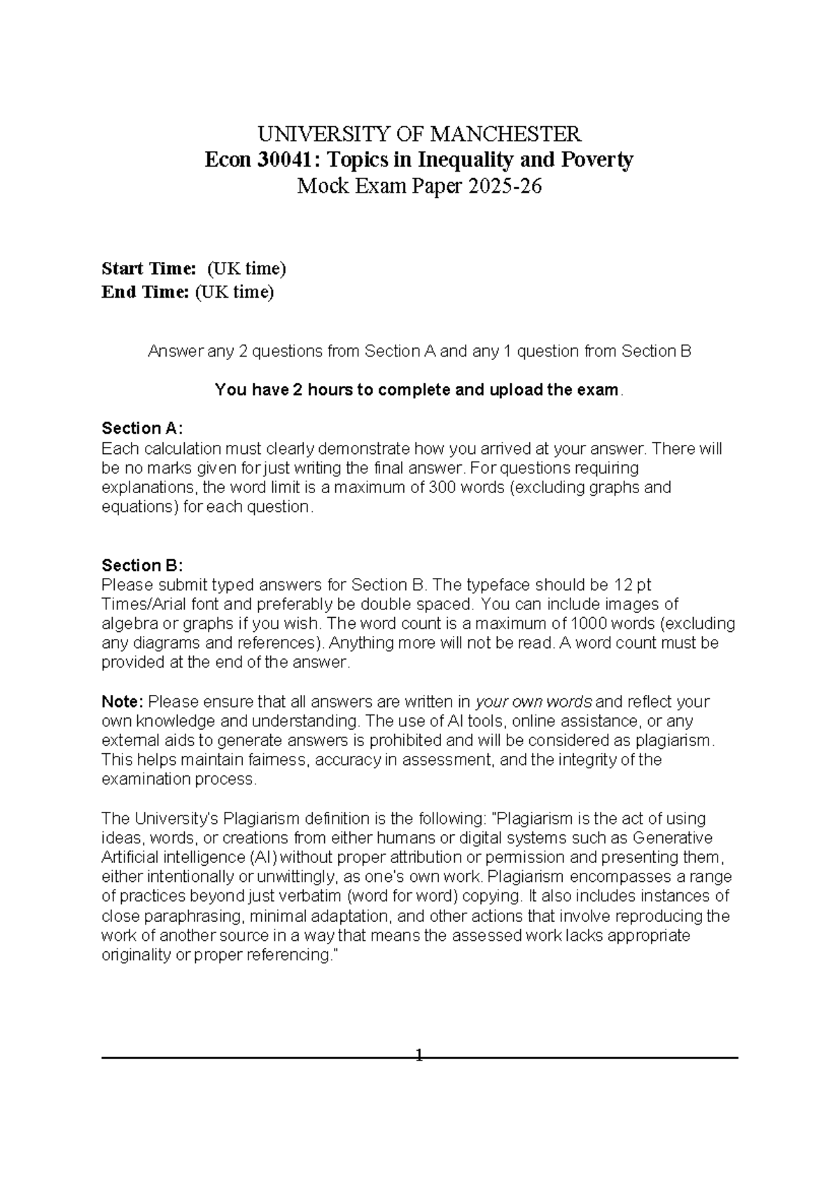 ECON 30041: Mock Exam Paper on Inequality & Poverty 2025-26 - Studocu