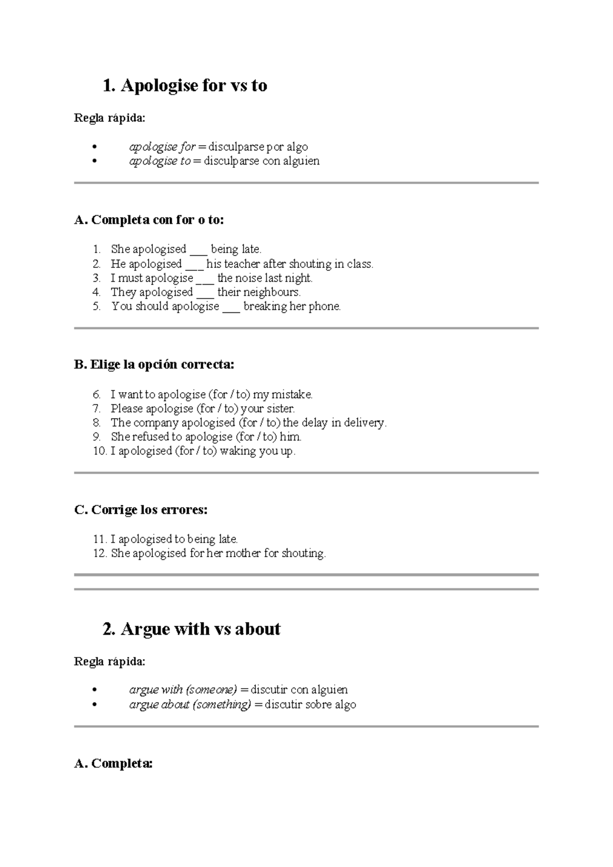 Unit 1 Prepositions: Apologise, Argue, Blame - Exercises & Tests - Studocu