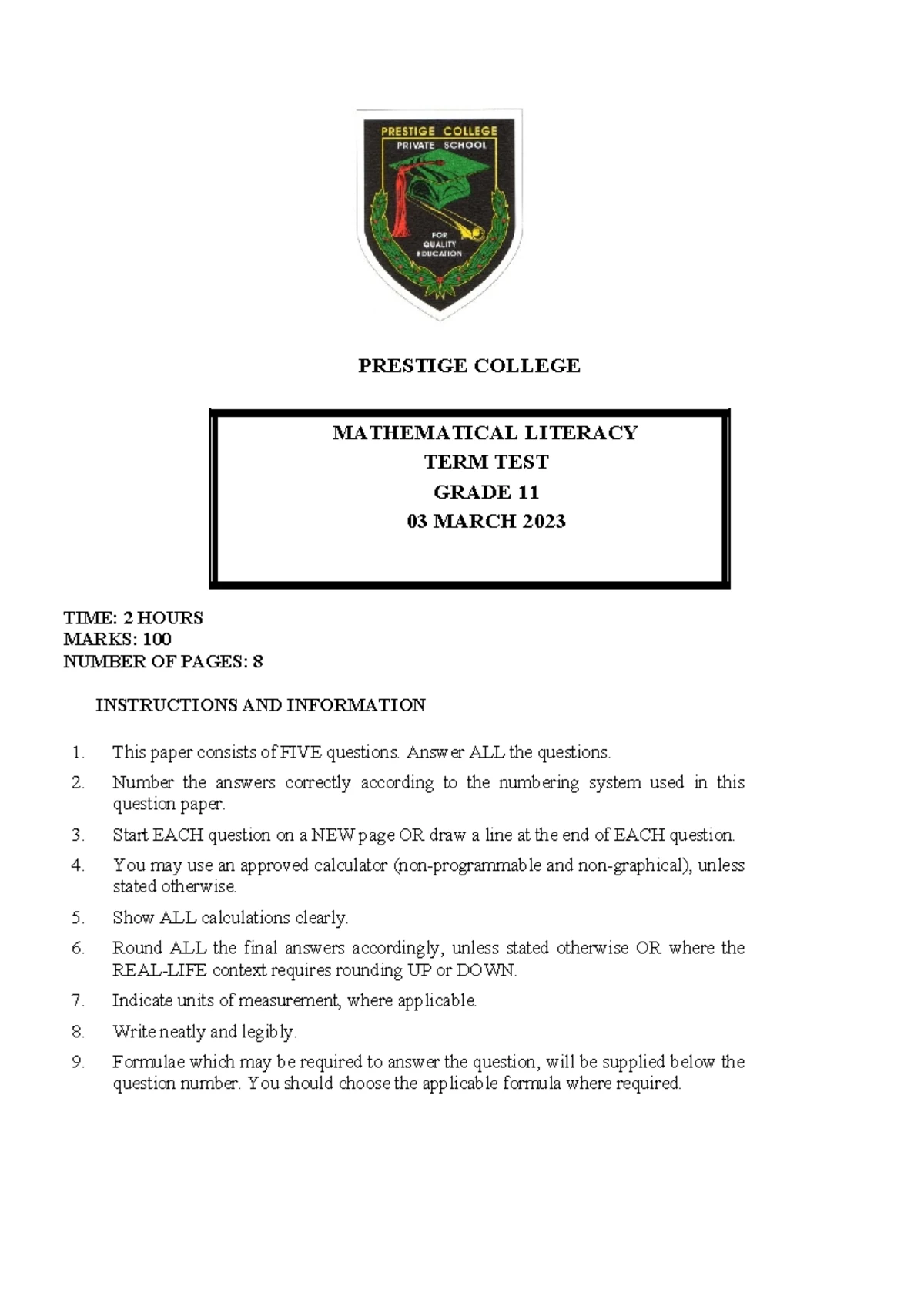 Math Lit Grade 11 June Exam Paper 1: Comprehensive Question Guide - Studocu