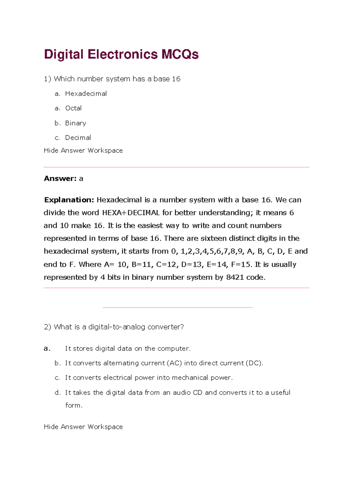 Digital Electronics-1 MCQs for Exam Preparation - Studocu