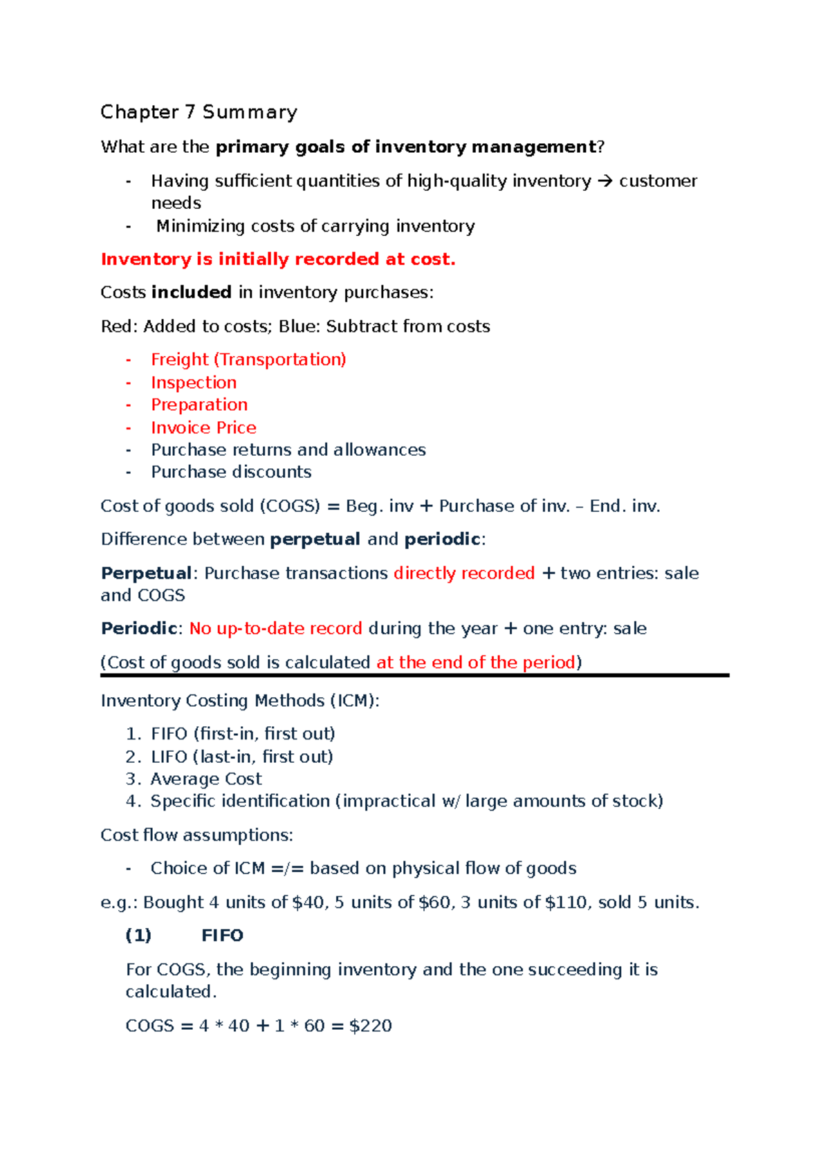 Chapter 7 Summary - Chapter 7 Summary What are the primary goals of inventory management ...