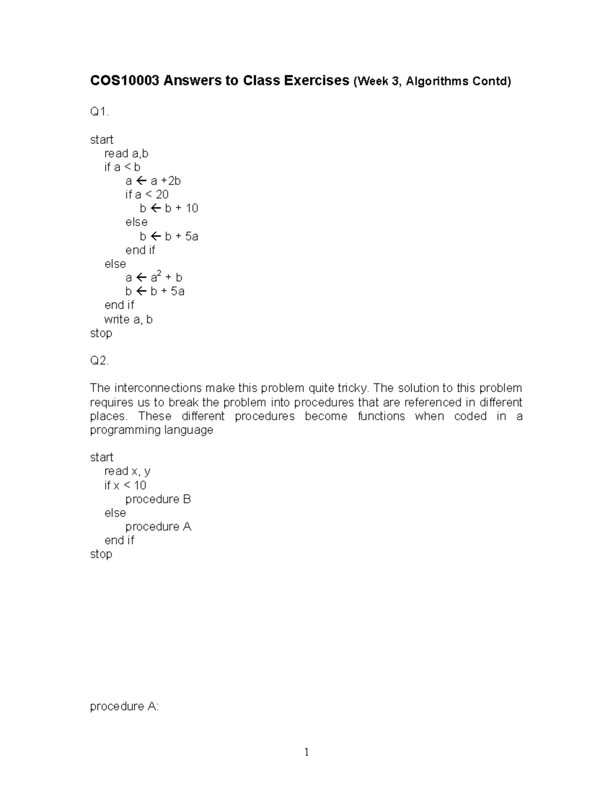 Tutorial work - 3 - COS10003 Answers to Class Exercises (Week 3 ...