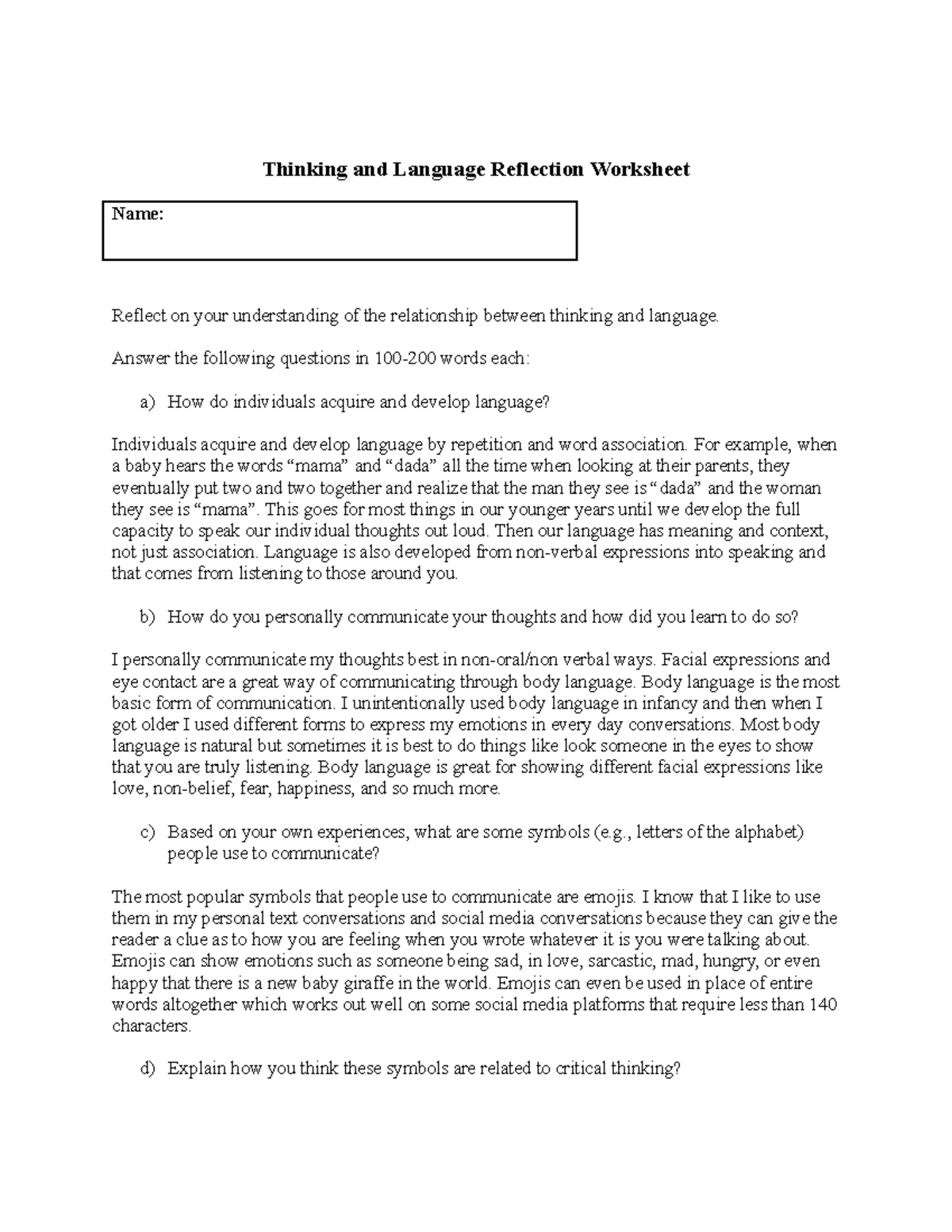 PHI-105 Thinking and Language Reflection Worksheet - Thinking and ...