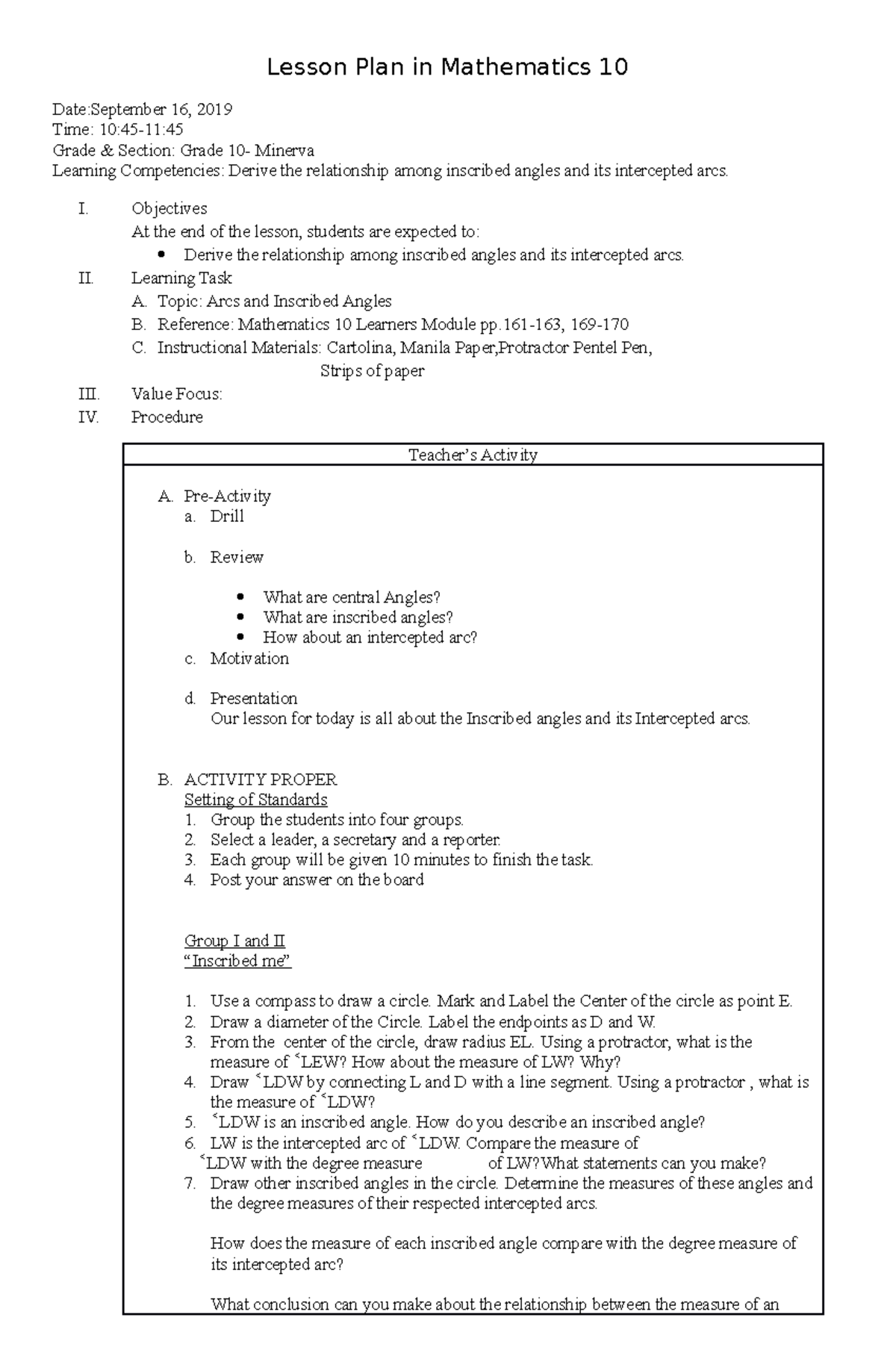 Mathematics 10 Lesson Plan: Exploring Inscribed Angles & Arcs - Studocu