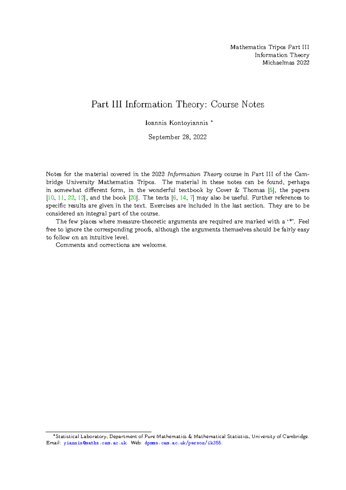 Information Theory - Lecture Notes (Mathematics Tripos Part III) - Studocu