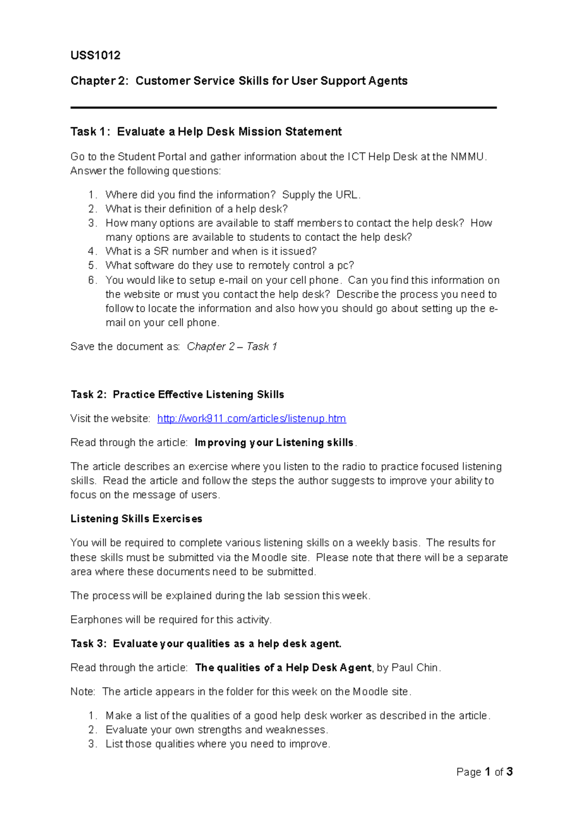 USS1012 Worksheet - Chapter 2: Customer Service Skills Tasks - Studocu
