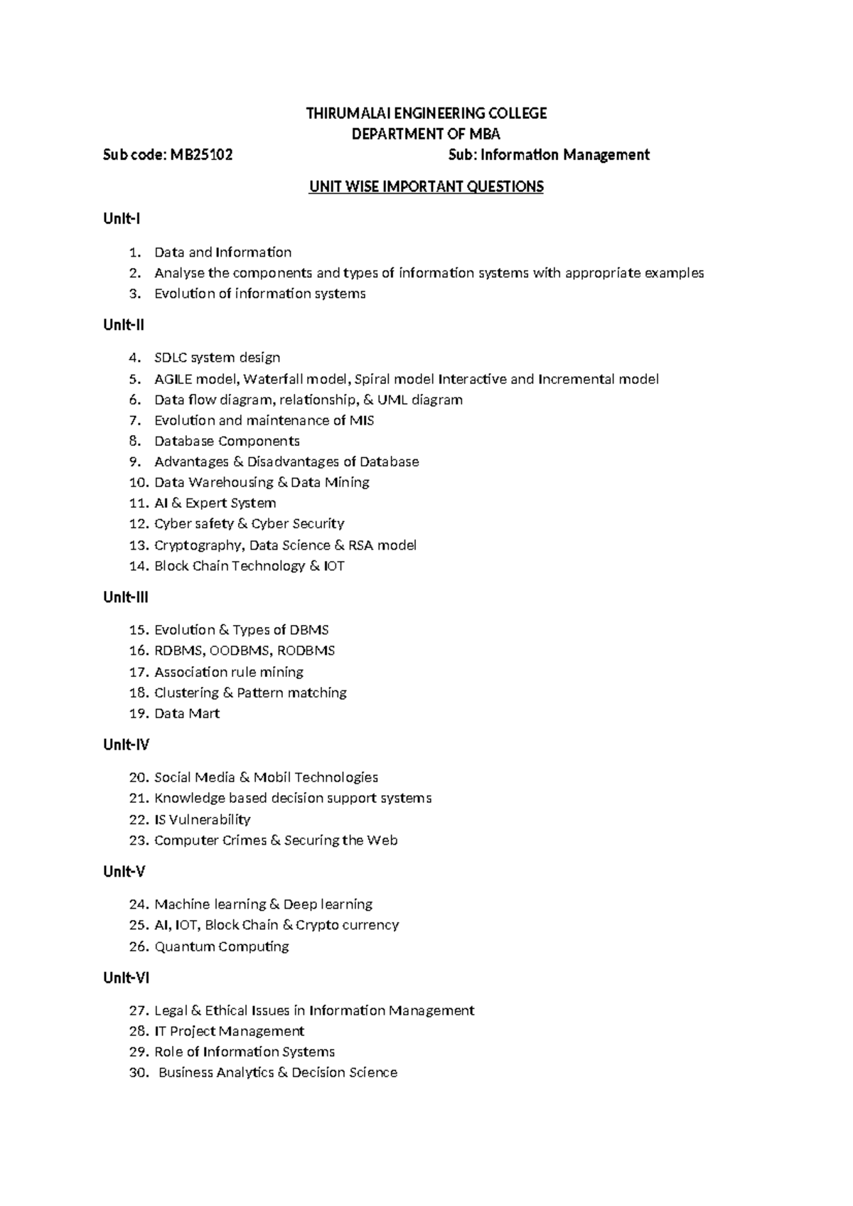 MB25102: Important Questions for Information Management Unit Review ...