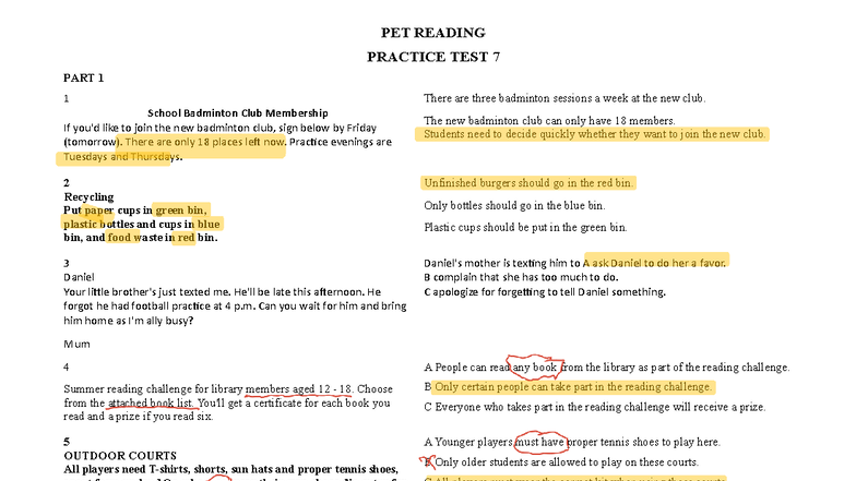 PET READING PRACTICE TEST 7 - COMPREHENSION AND ANALYSIS - Studocu