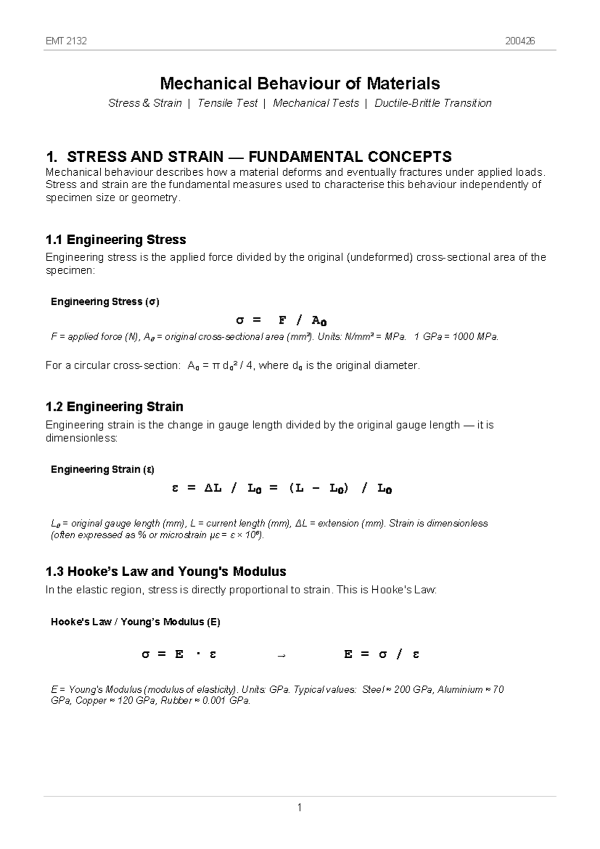 EMT 2132: Mechanical Behaviour of Materials Lecture Notes - Studocu