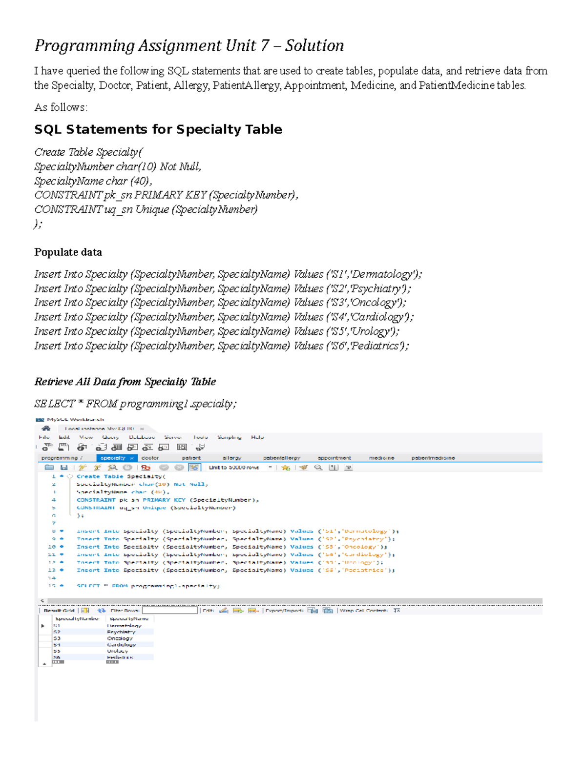 Programming Assignment Unit 7 Database cs2203 - Programming Assignment Unit 7 – Solution I have ...