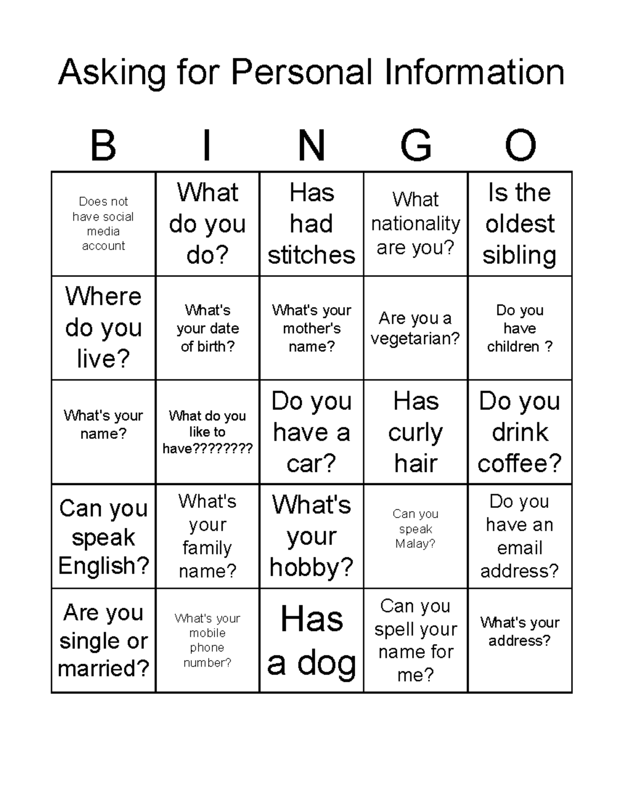 7779814 - Personal Info Bingo Template for Class Activities - Studocu