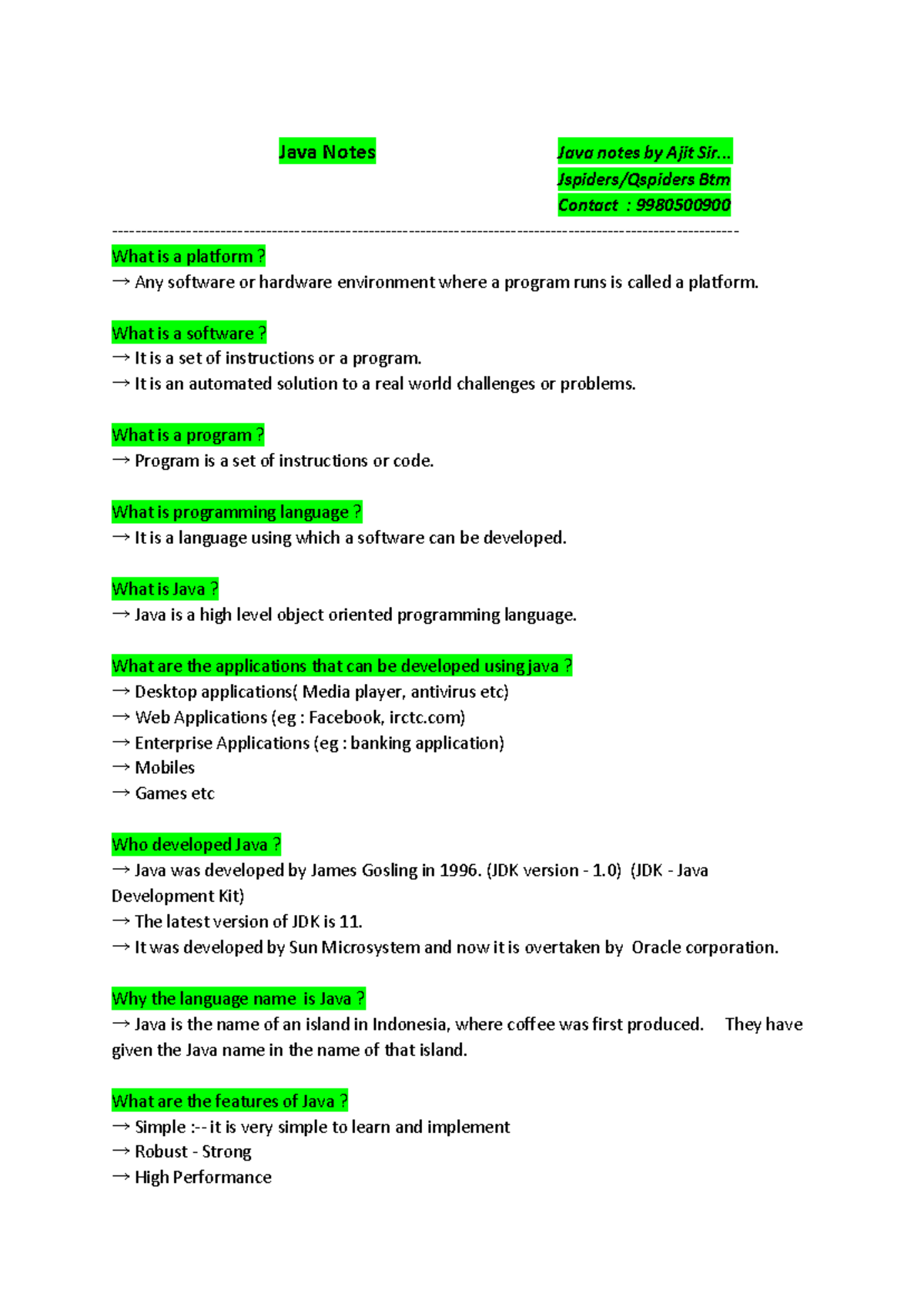 Java notes - Nothing - Java Notes Java notes by Ajit Sir... Jspiders ...
