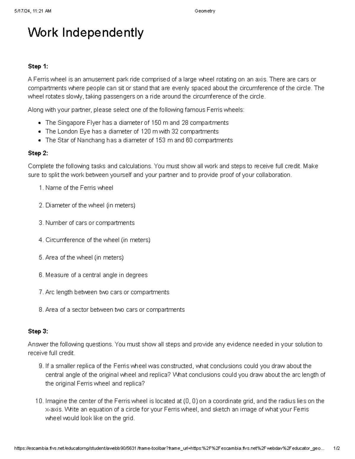 7.03 Geometry Assignment: Exploring Ferris Wheel Calculations - Studocu
